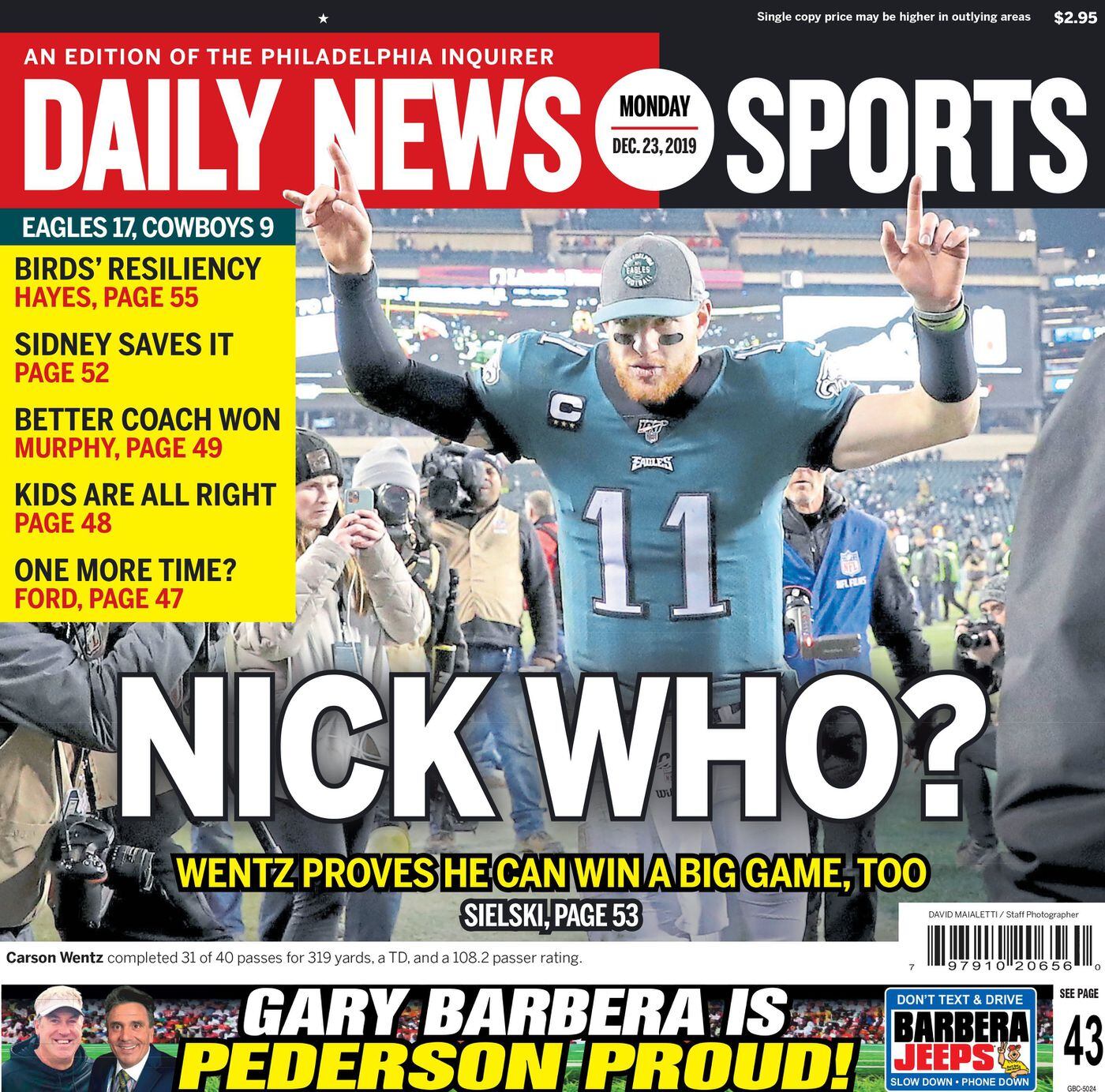 Philadelphia Inquirer, Daily News covers on Eagles' 17-9 win over ...