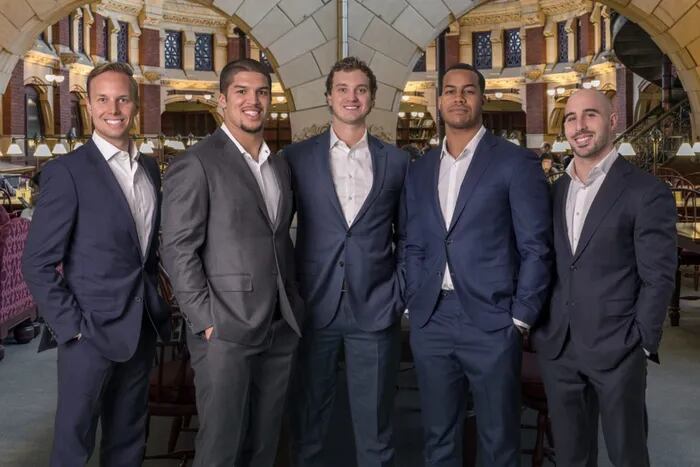 Eagles players Chris Maragos and Jordan Hicks, along with former ...